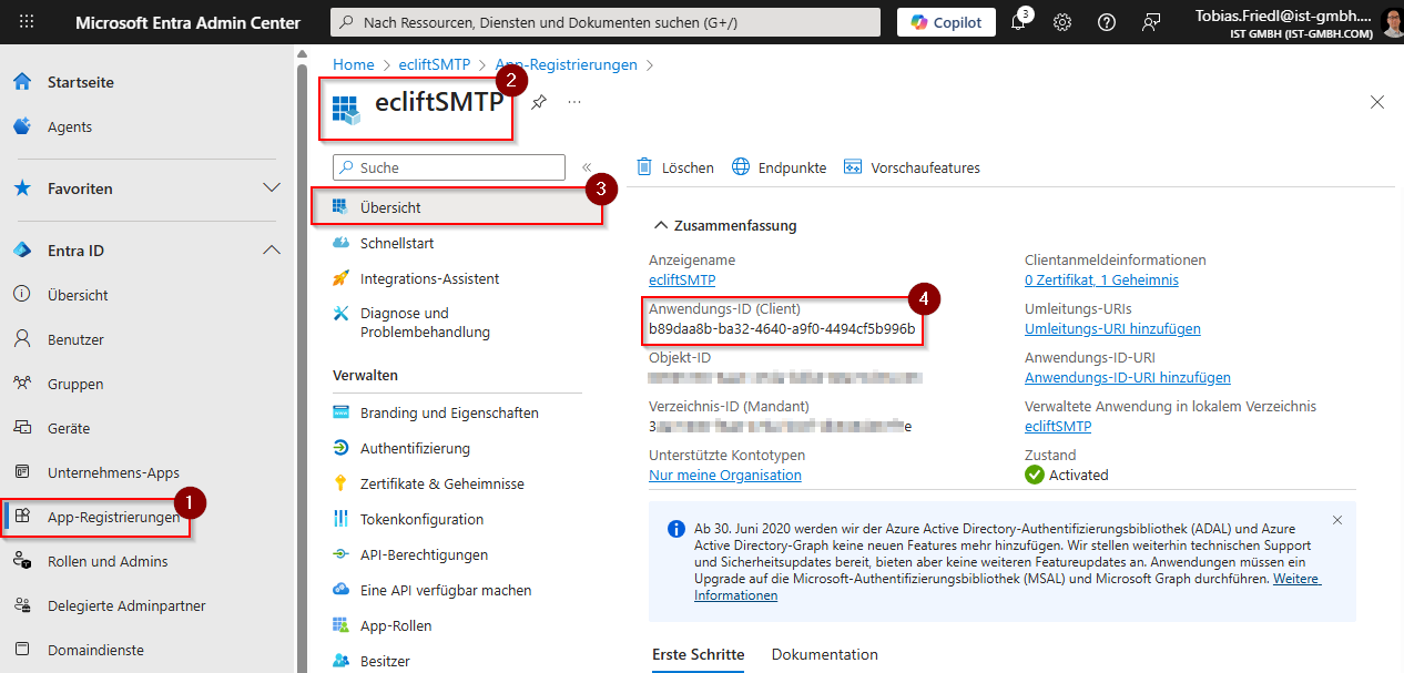Authentifizieren einer SMTP-Verbindung mithilfe von OAuth für Microsoft 365 – eclift Helpcenter